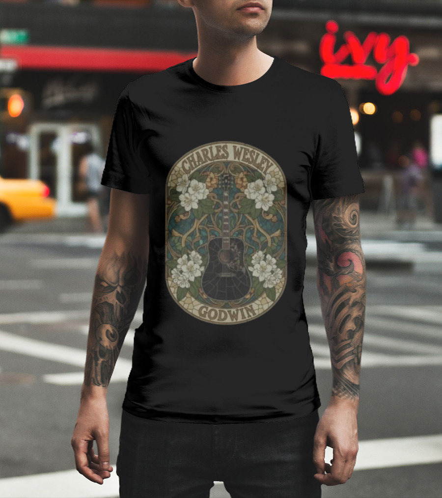 Charles Wesley Godwin Guitar Floral Art Nouveau Style With White Flowers T-Shirt