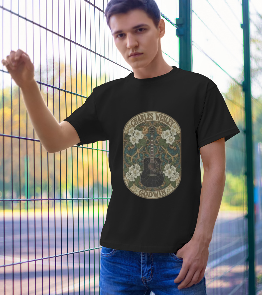 Charles Wesley Godwin Guitar Floral Art Nouveau Style With White Flowers T-Shirt