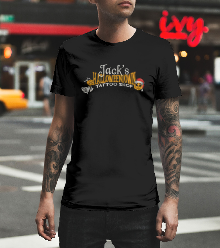 Lostbrostradingco Jack's Halloweentown Tattoo Shop Christmas Santa Hat T-Shirt