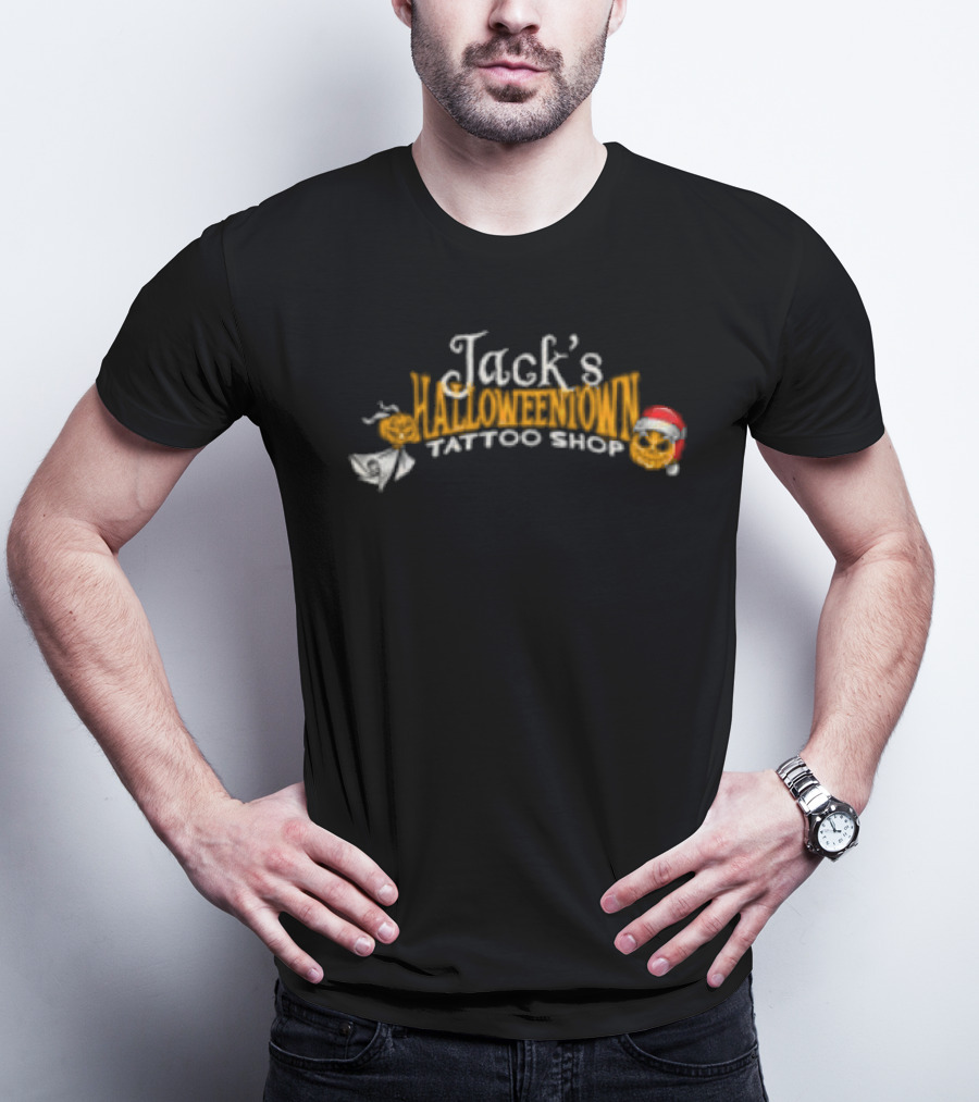 Lostbrostradingco Jack's Halloweentown Tattoo Shop Christmas Santa Hat T-Shirt