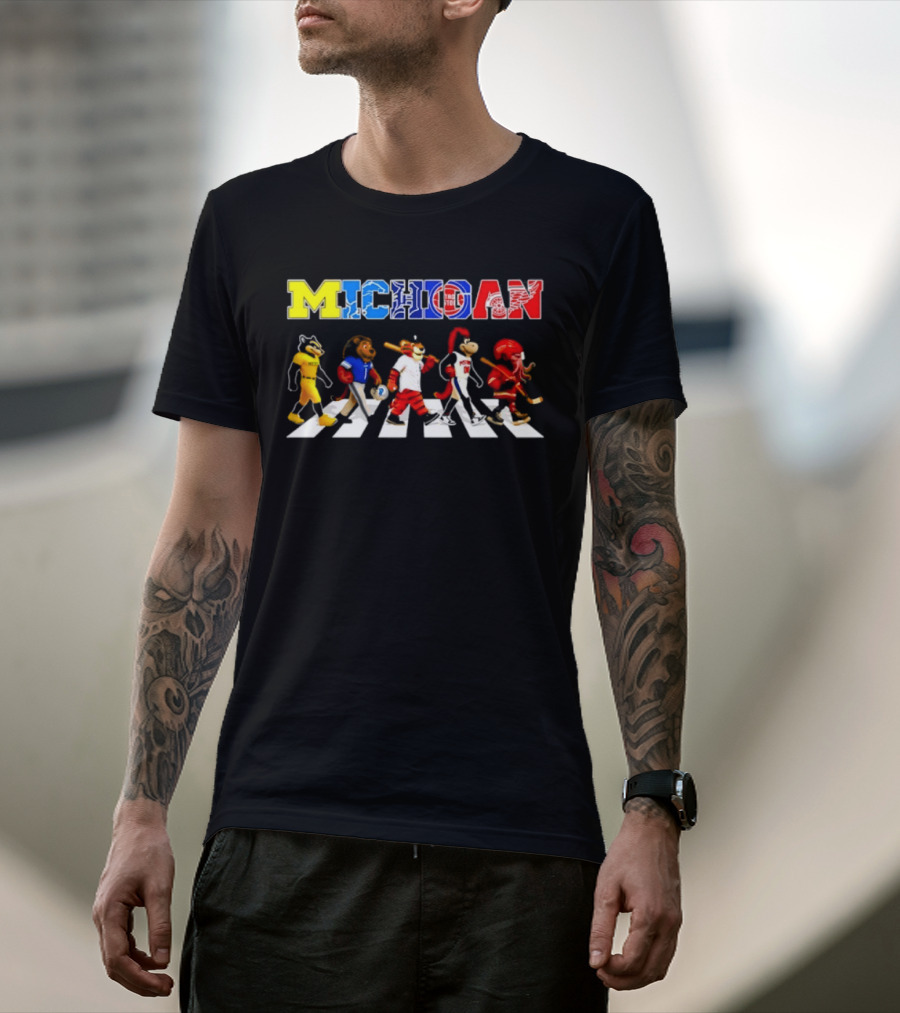 Michigan Sports Mascots Abbey Road Detroit Lions Pistons Tigers Red Wings Wolverine T-Shirt