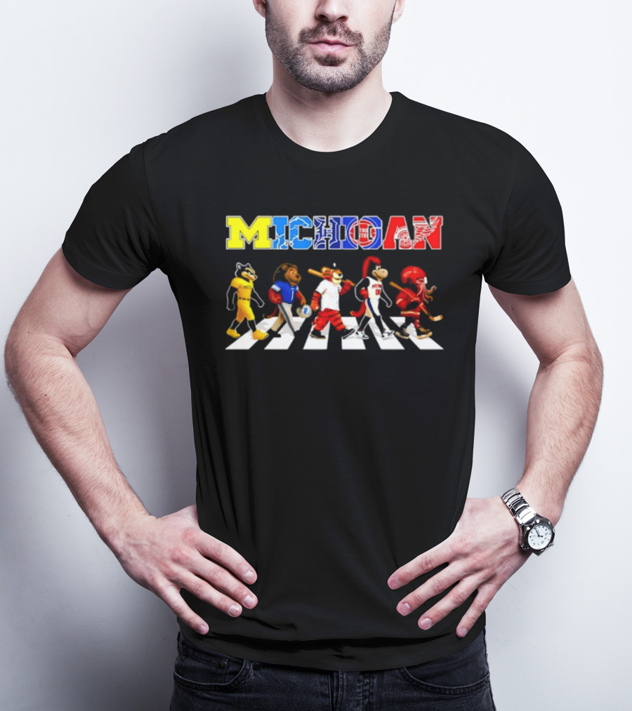 Michigan Sports Mascots Abbey Road Detroit Lions Pistons Tigers Red Wings Wolverine T-Shirt