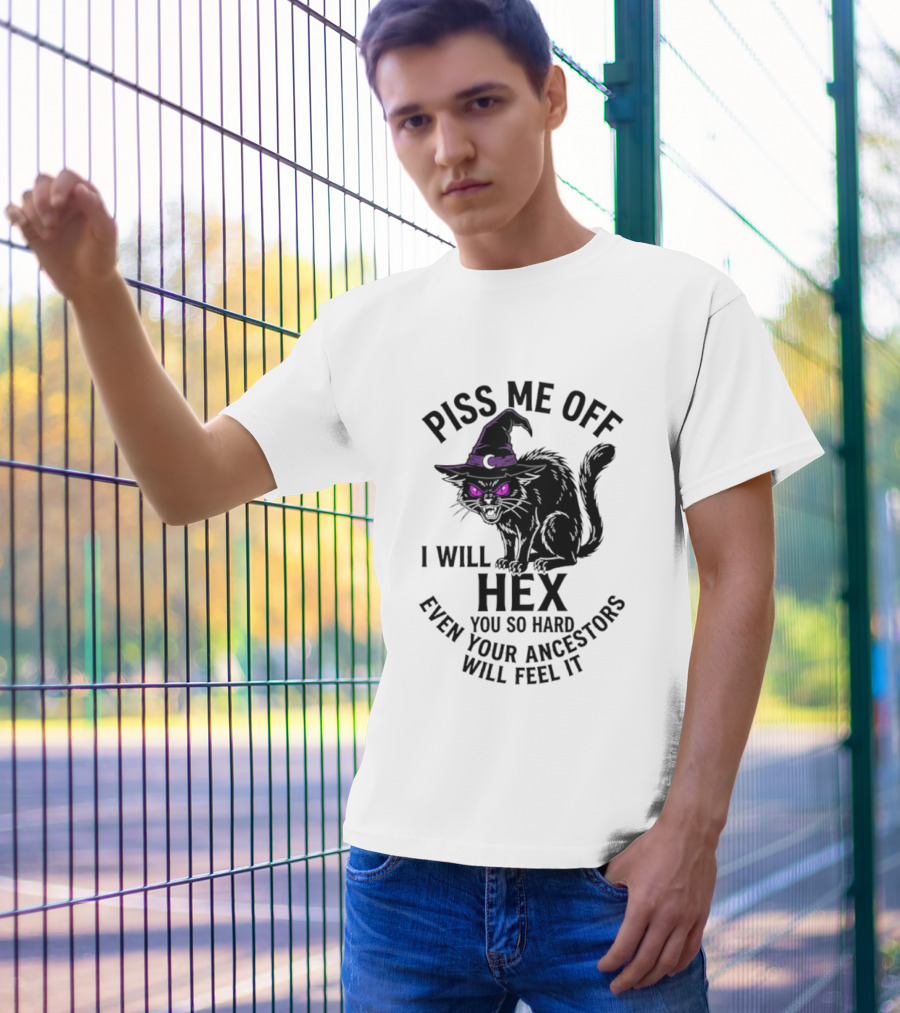 Piss Me Off I Will Hex You So Hard Even Your Ancestors Will Feel It Black Cat Purple Eyes Witch Hat T-Shirt