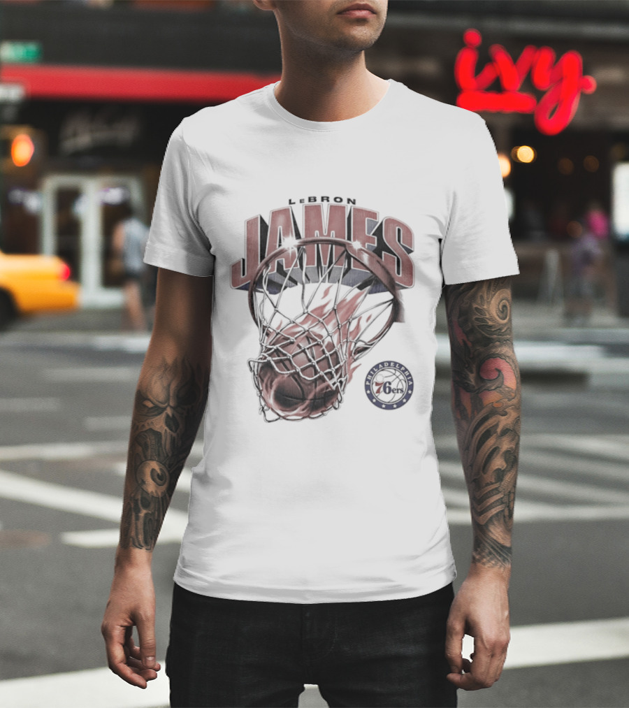 LeBron James Basketball Hoop Fire Philadelphia 76ers T-Shirt