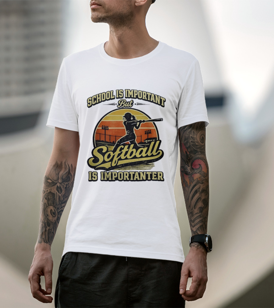 School Is Important But Softball Is Importanter Retro Silhouette Batter T-Shirt