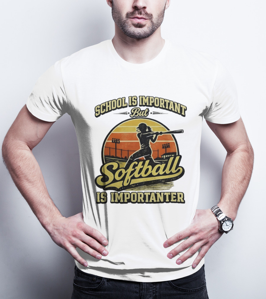School Is Important But Softball Is Importanter Retro Silhouette Batter T-Shirt
