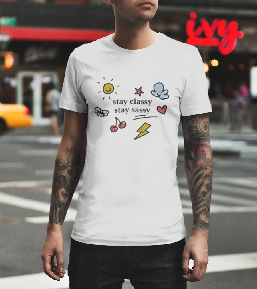 Stay Classy Stay Sassy Doodle Sun Bow Cherry Cloud Heart Star Bolt T-Shirt