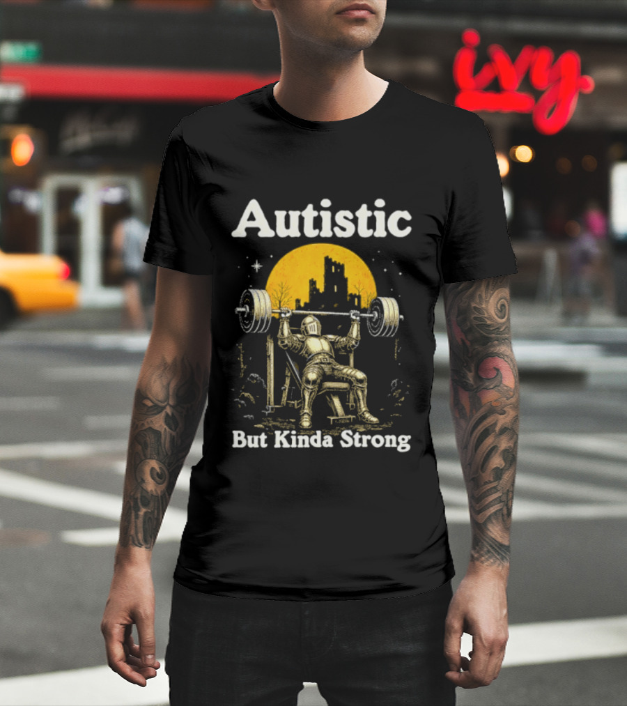 Autistic But Kinda Strong Knight Lifting Weights Autism Awareness Moon T-Shirt