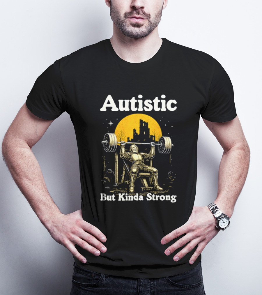 Autistic But Kinda Strong Knight Lifting Weights Autism Awareness Moon T-Shirt