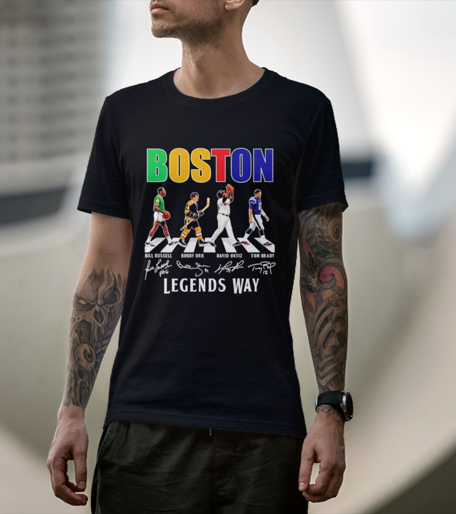Boston Legends Way Bill Russell Bobby Orr David Ortiz Tom Brady Signatures T-Shirt