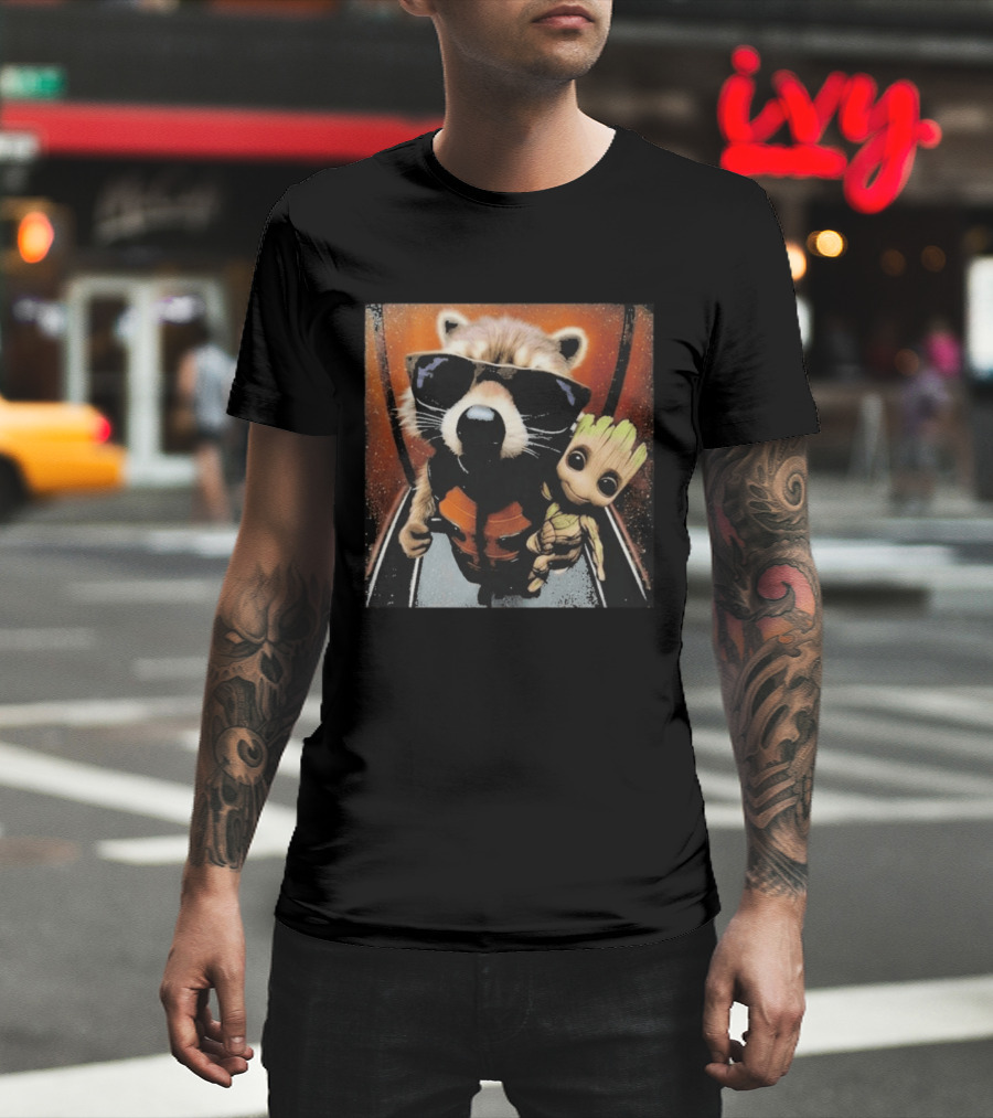 John Bates Raccoon And Baby Tree Alien With Sunglasses And Orange Suit T-Shirt