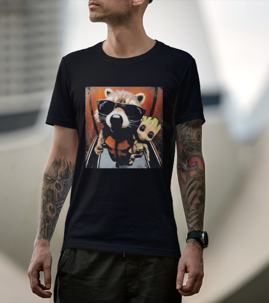 John Bates Raccoon And Baby Tree Alien With Sunglasses And Orange Suit T-Shirt