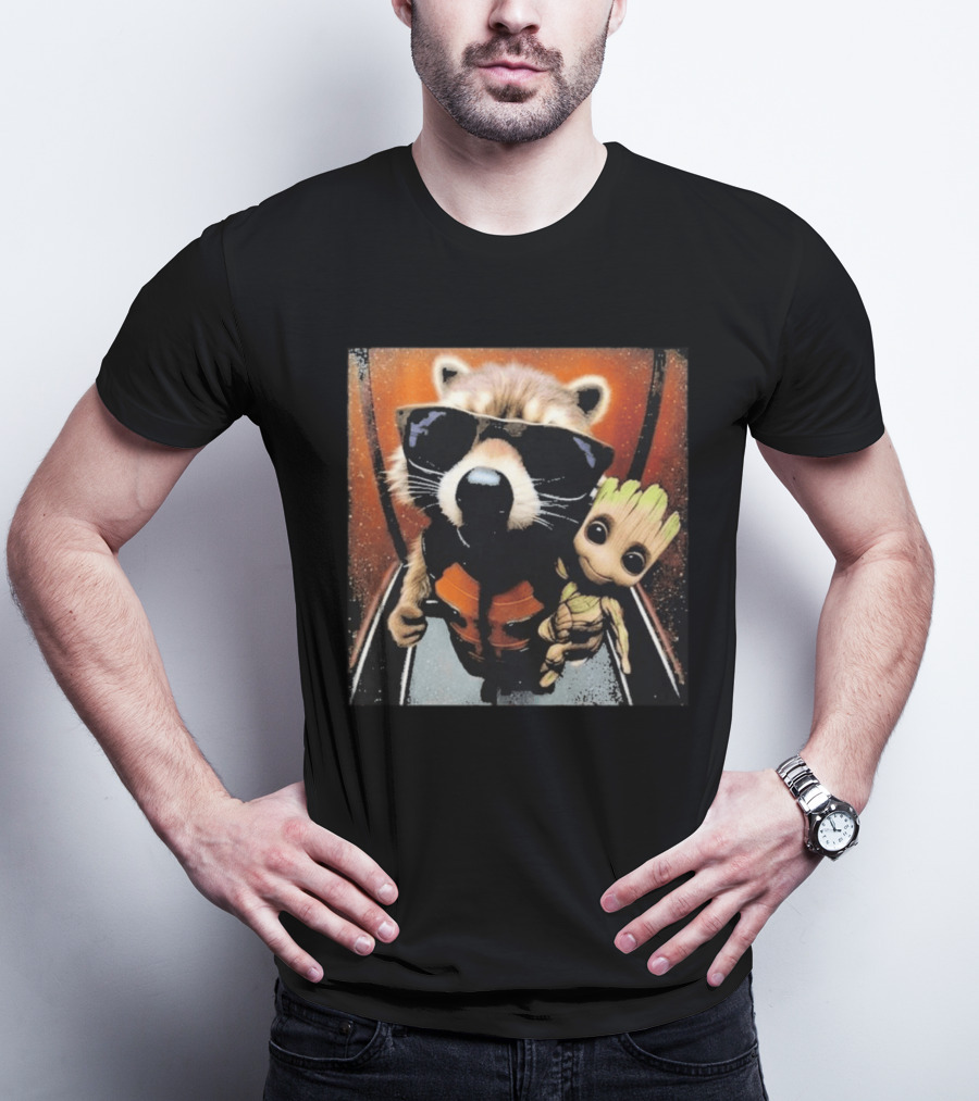John Bates Raccoon And Baby Tree Alien With Sunglasses And Orange Suit T-Shirt
