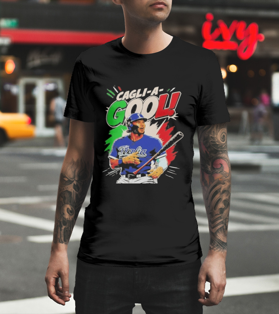 Cagli A Gool Italia Baseball Player Hitter With Italian Flag T-Shirt