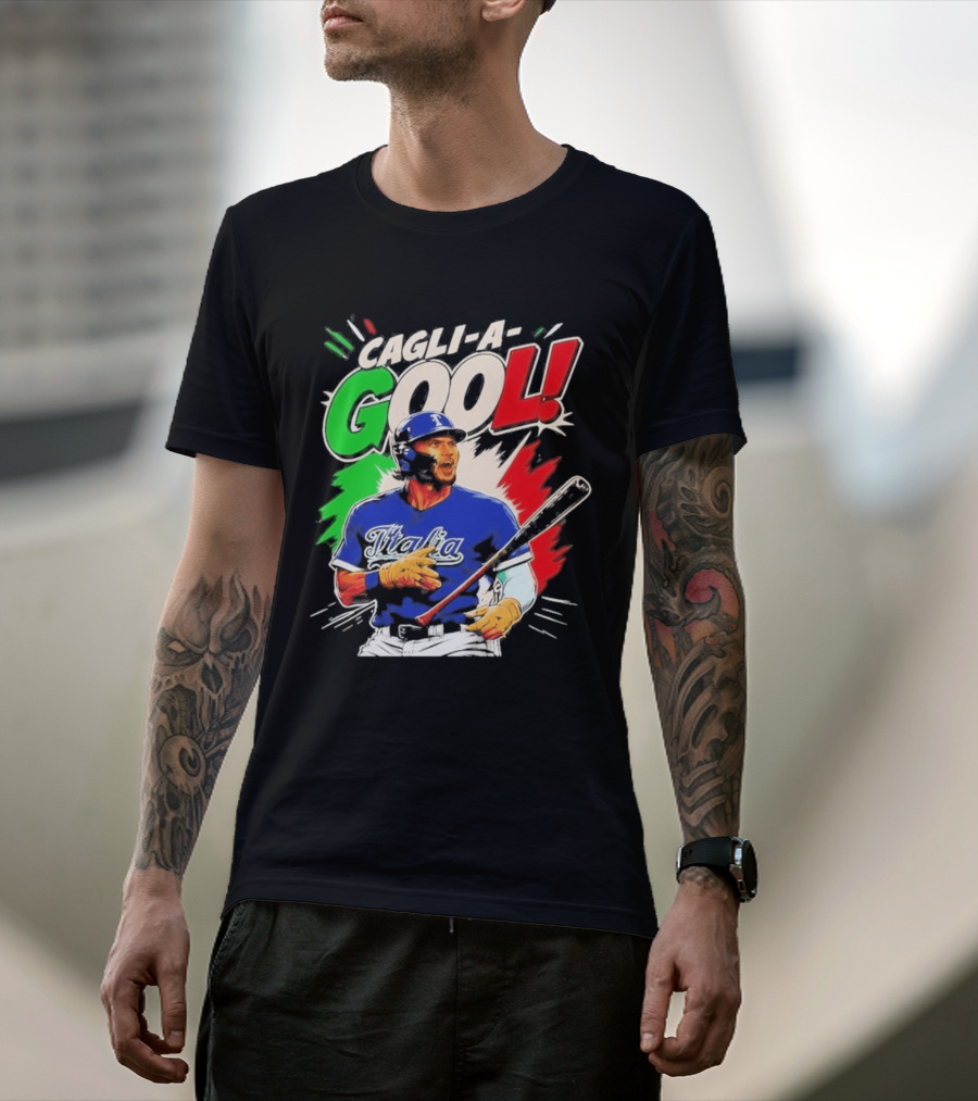 Cagli A Gool Italia Baseball Player Hitter With Italian Flag T-Shirt