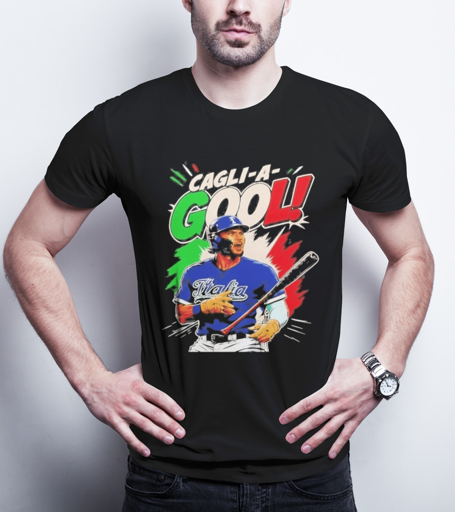 Cagli A Gool Italia Baseball Player Hitter With Italian Flag T-Shirt