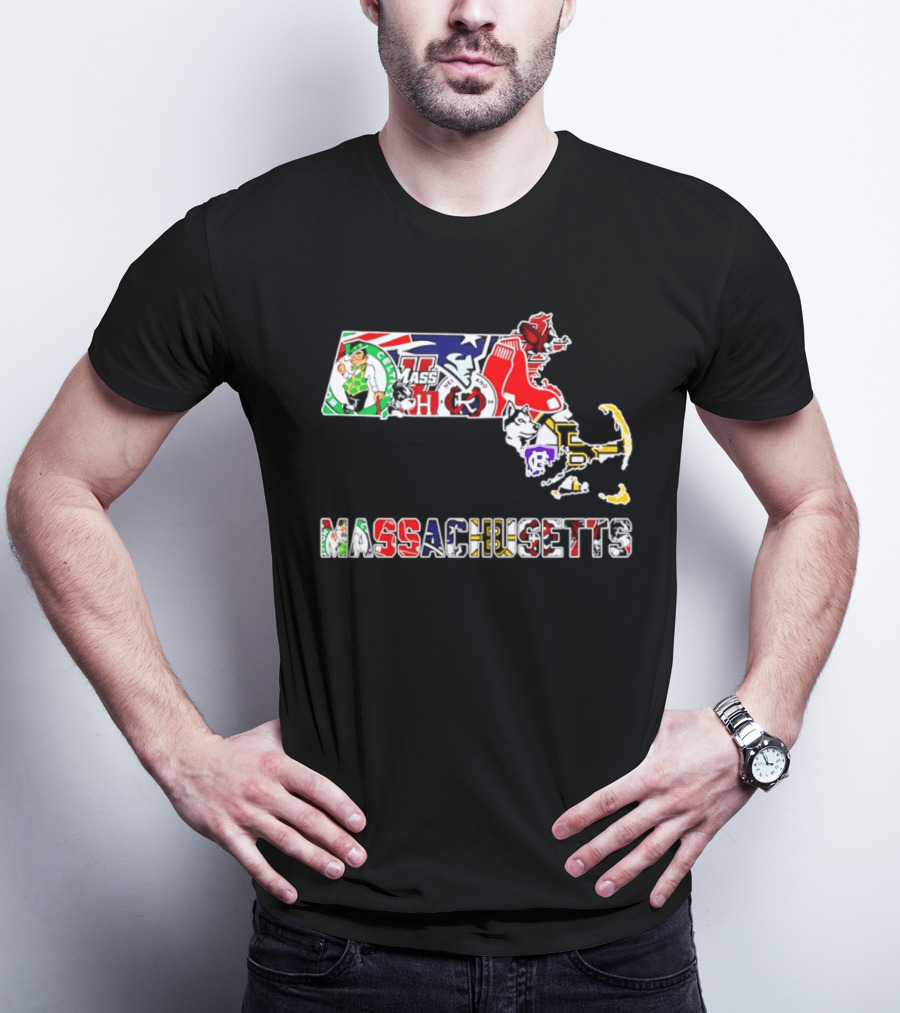 Massachusetts Sports Teams Collage Map Celtics Patriots Red Sox Bruins Revolution T-Shirt