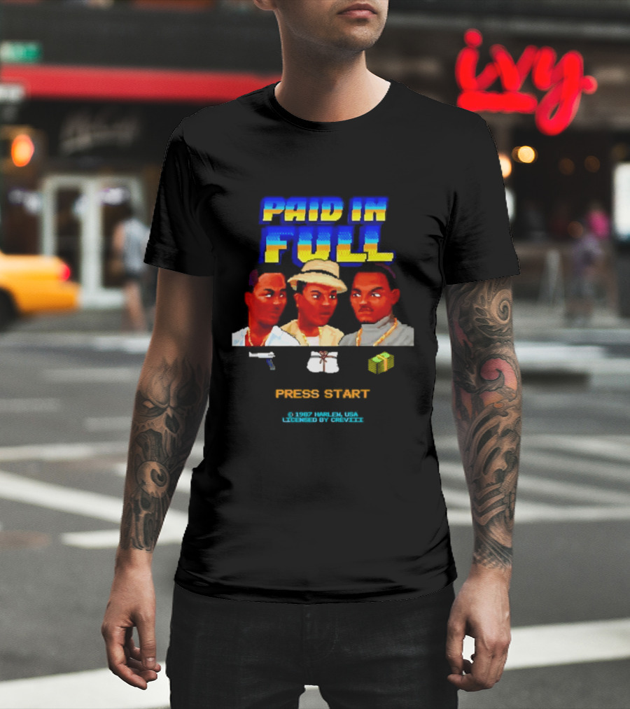 Paid In Full Press Start 1987 Harlem USA Three Figures With Hat Necklace And Gun T-Shirt
