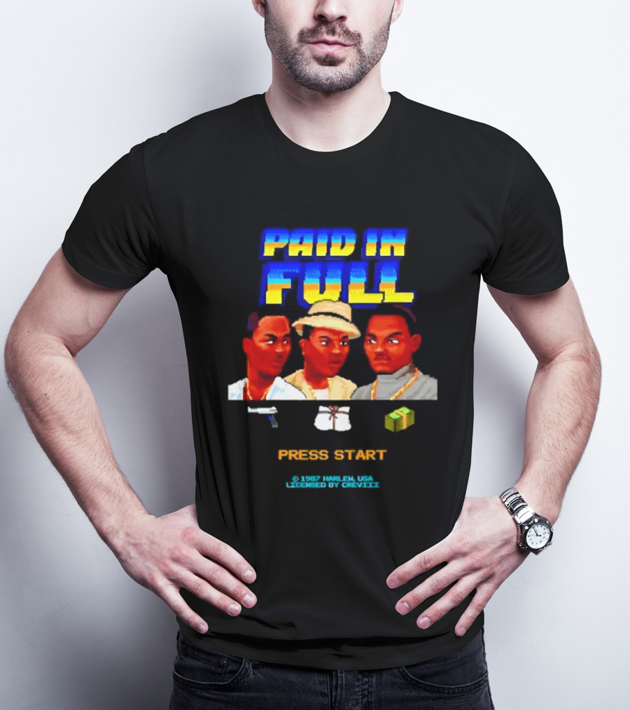 Paid In Full Press Start 1987 Harlem USA Three Figures With Hat Necklace And Gun T-Shirt