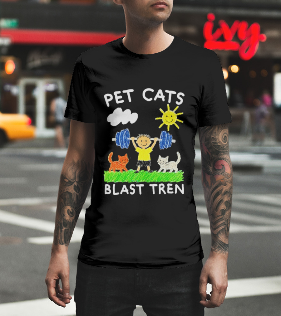 Pet Cats Blast Tren Bodybuilding Gym Child With Weights Sun And Clouds T-Shirt