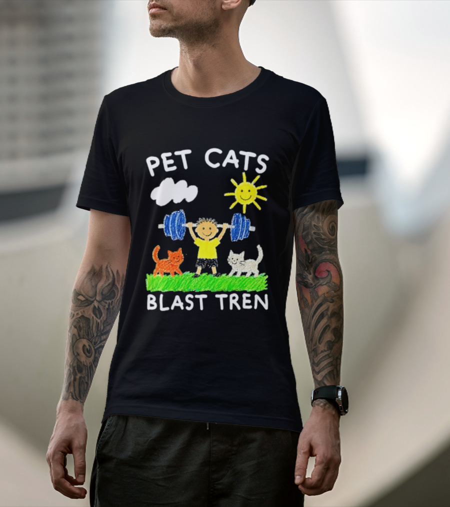Pet Cats Blast Tren Bodybuilding Gym Child With Weights Sun And Clouds T-Shirt