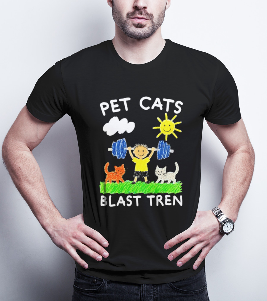 Pet Cats Blast Tren Bodybuilding Gym Child With Weights Sun And Clouds T-Shirt