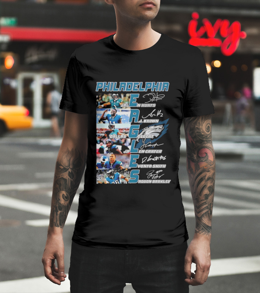 Philadelphia Eagles Jalen Hurts AJ Brown Dallas Goedert Jalen Carter DeVonta Smith Saquon Barkley Signatures Team T-Shirt