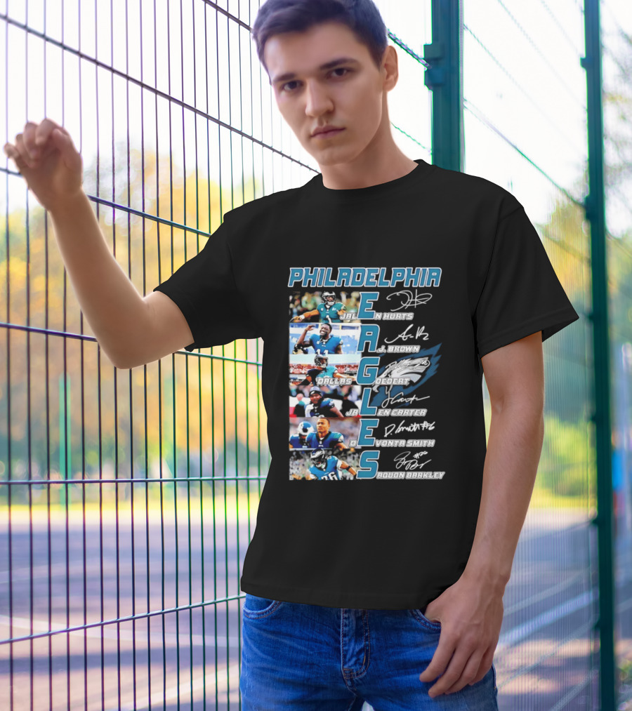 Philadelphia Eagles Jalen Hurts AJ Brown Dallas Goedert Jalen Carter DeVonta Smith Saquon Barkley Signatures Team T-Shirt