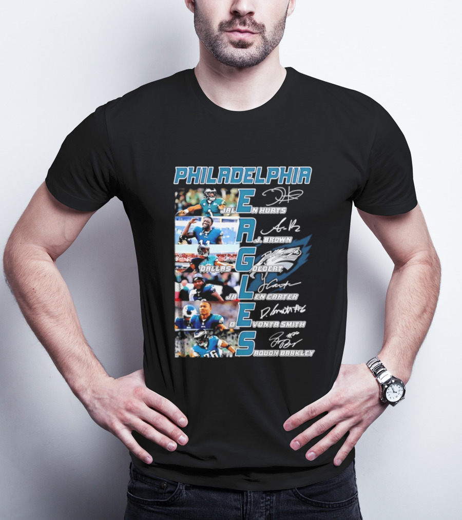 Philadelphia Eagles Jalen Hurts AJ Brown Dallas Goedert Jalen Carter DeVonta Smith Saquon Barkley Signatures Team T-Shirt