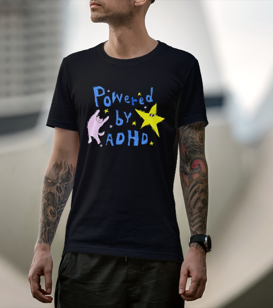 Powered By ADHD Neurodivergent Star And Cat With Yellow Stars T-Shirt