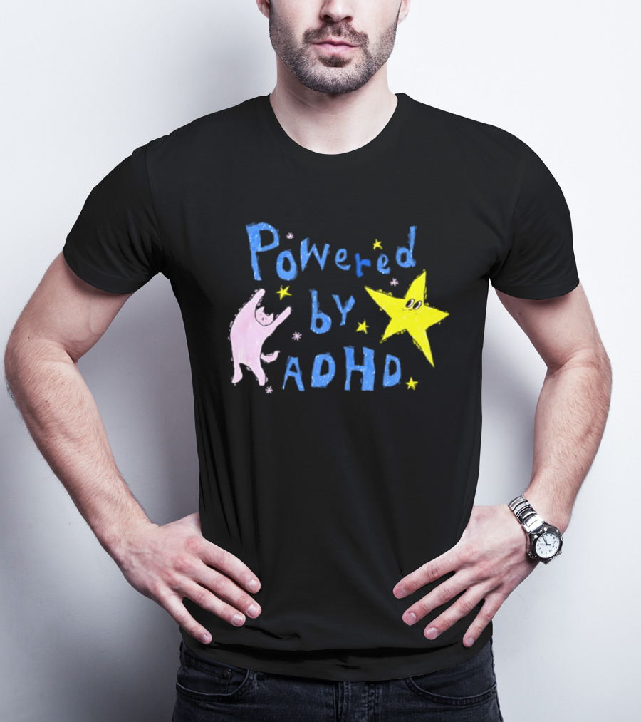 Powered By ADHD Neurodivergent Star And Cat With Yellow Stars T-Shirt