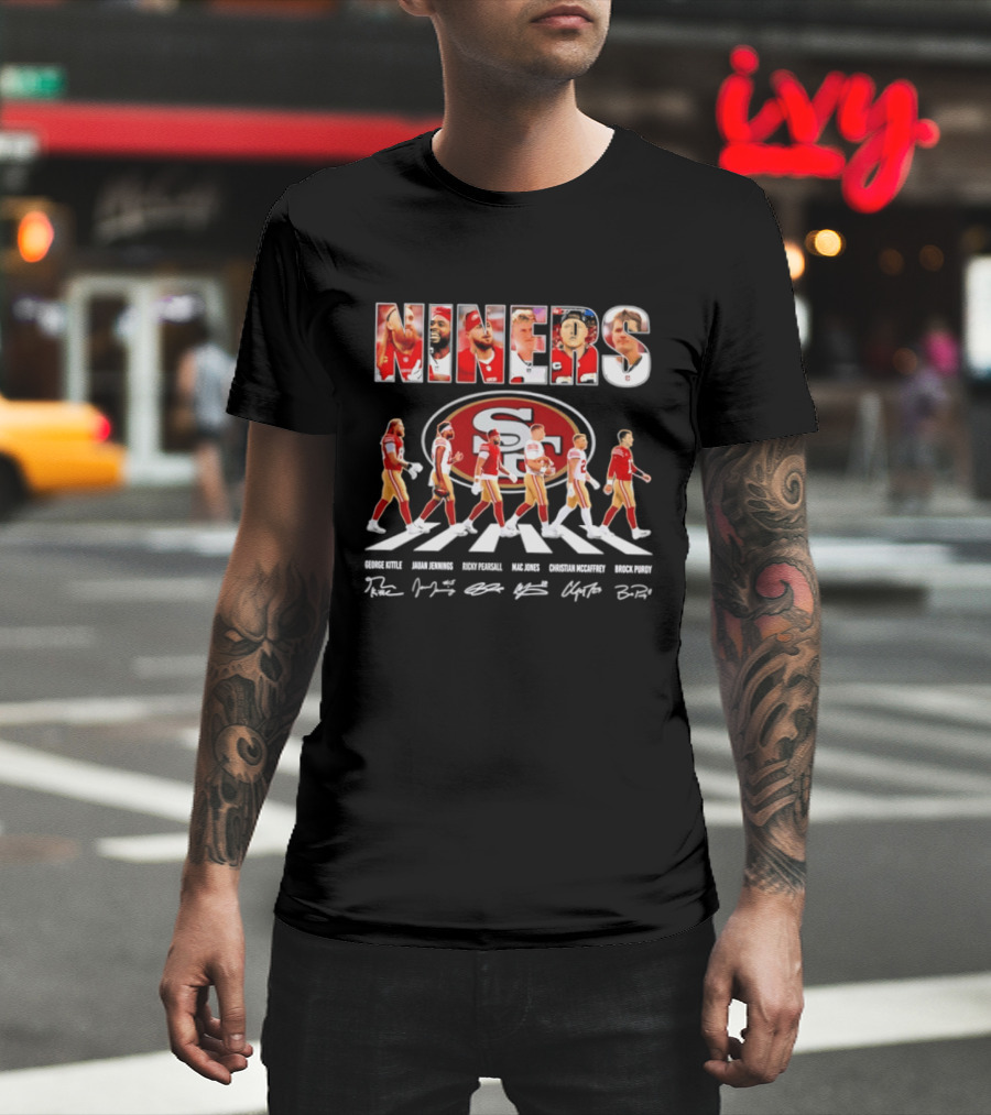 San Francisco 49ers George Kittle Jauan Jennings Ricky Pearsall Mac Jones Christian McCaffrey NINERS Walk NFL Legends Signatures T-Shirt