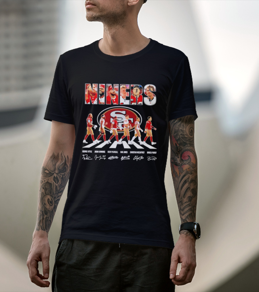 San Francisco 49ers George Kittle Jauan Jennings Ricky Pearsall Mac Jones Christian McCaffrey NINERS Walk NFL Legends Signatures T-Shirt