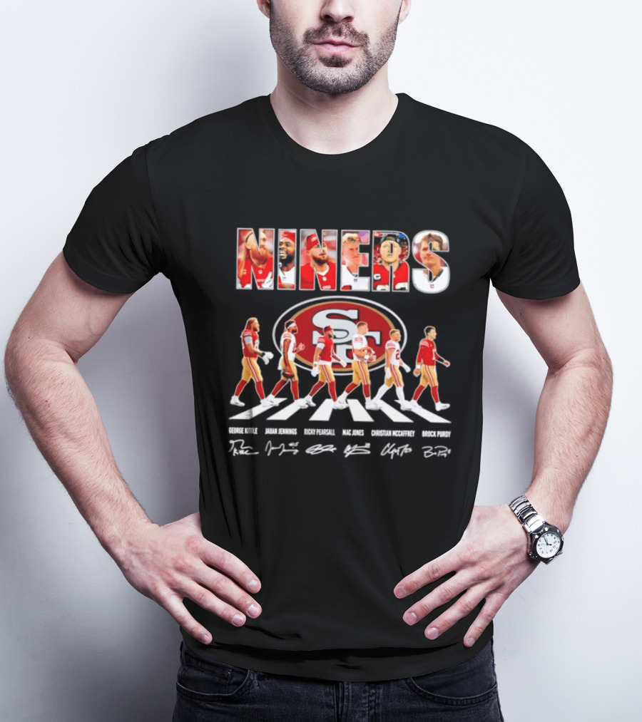 San Francisco 49ers George Kittle Jauan Jennings Ricky Pearsall Mac Jones Christian McCaffrey NINERS Walk NFL Legends Signatures T-Shirt