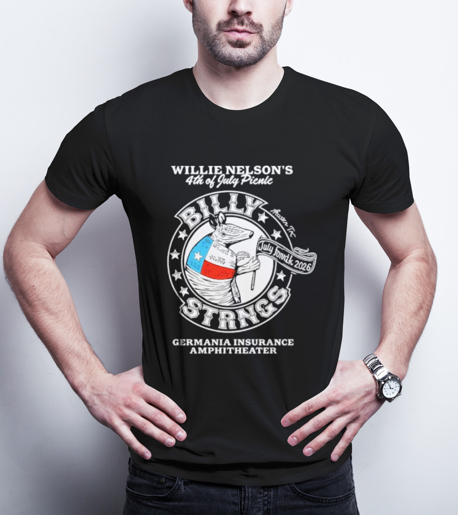 Willie Nelson's 4th Of July Picnic Billy Strings Germania Insurance Amphitheater Texas Flag Guitar T-Shirt