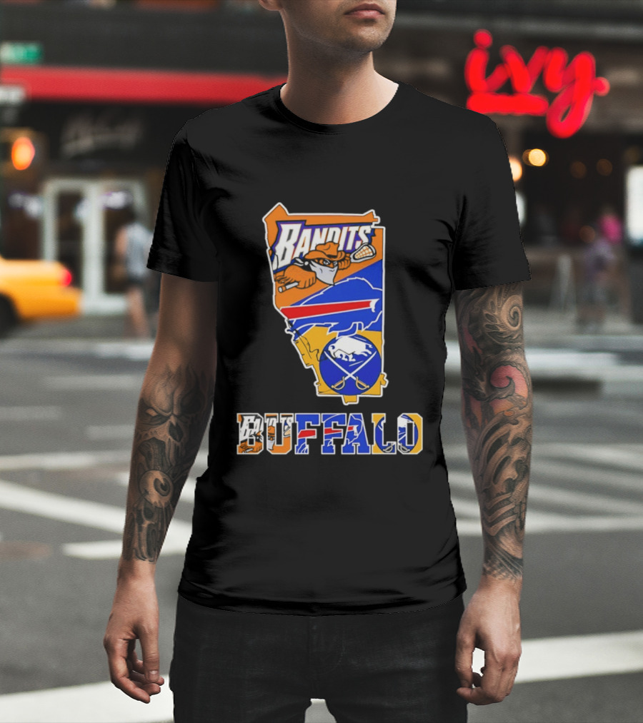 Buffalo Bandits Bills Sabres New York Sports Team Map Collage T-Shirt