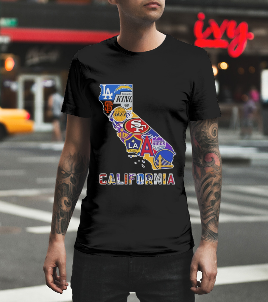 California Map Collage With 49ers Lakers Kings Giants Angels Dodgers Logos 2026 T-Shirt