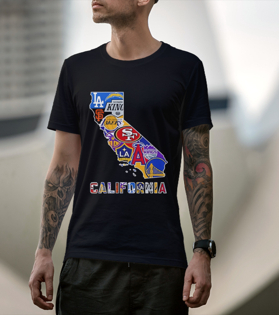California Map Collage With 49ers Lakers Kings Giants Angels Dodgers Logos 2026 T-Shirt