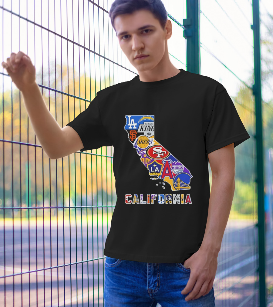 California Map Collage With 49ers Lakers Kings Giants Angels Dodgers Logos 2026 T-Shirt