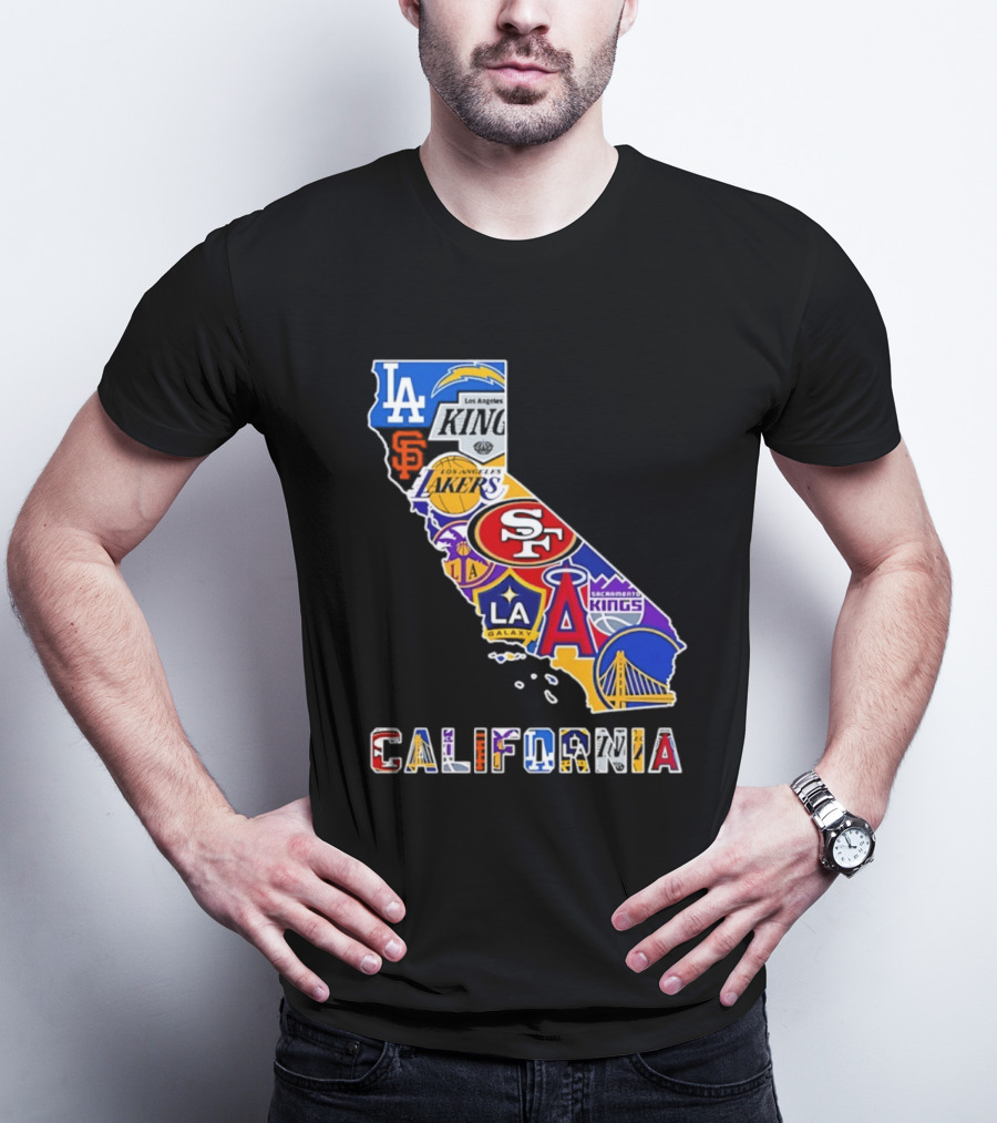 California Map Collage With 49ers Lakers Kings Giants Angels Dodgers Logos 2026 T-Shirt