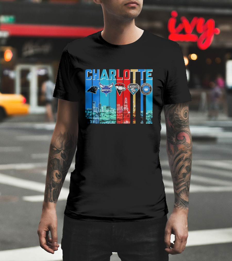 Charlotte Panthers Hornets Knights City Skyline Sports Team Logos T-Shirt
