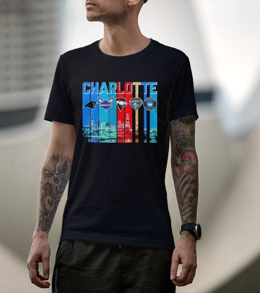 Charlotte Panthers Hornets Knights City Skyline Sports Team Logos T-Shirt