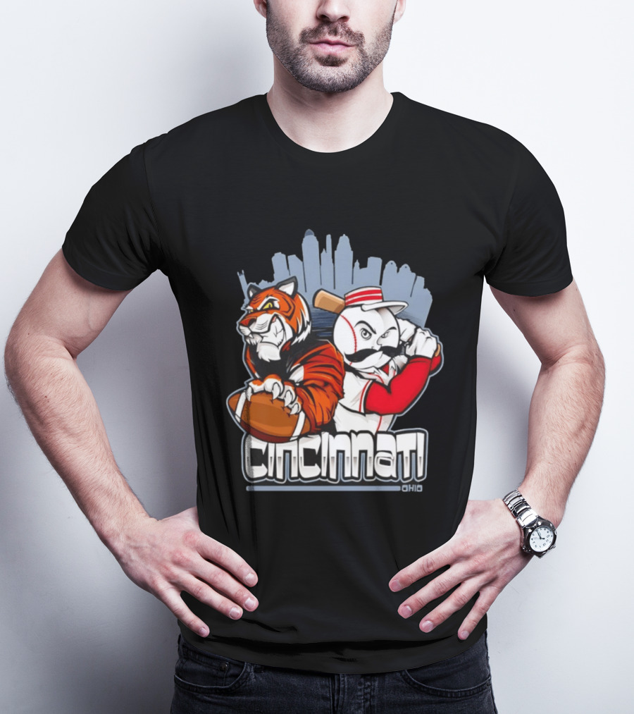 Cincinnati Reds Bengals Skyline Ohio Tiger And Baseball Character 2026 T-Shirt
