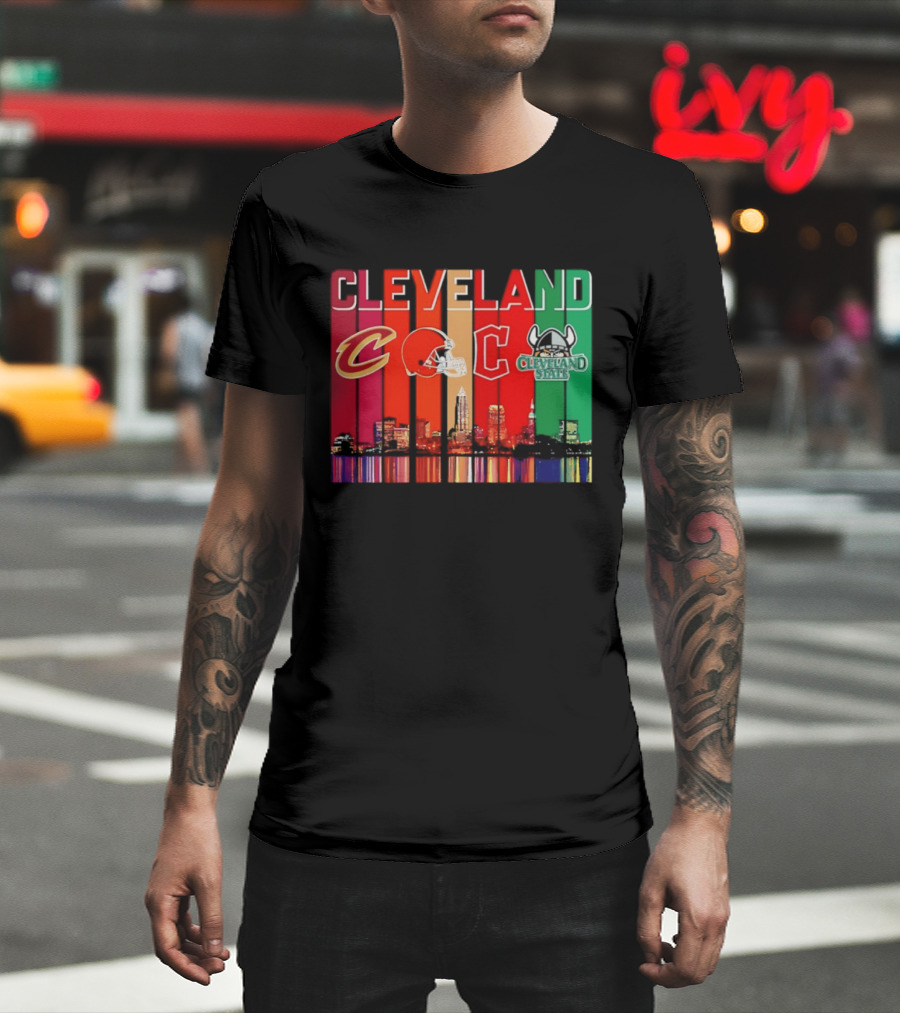 Cleveland Cavaliers Browns Guardians Cleveland State Vikings City Skyline T-Shirt