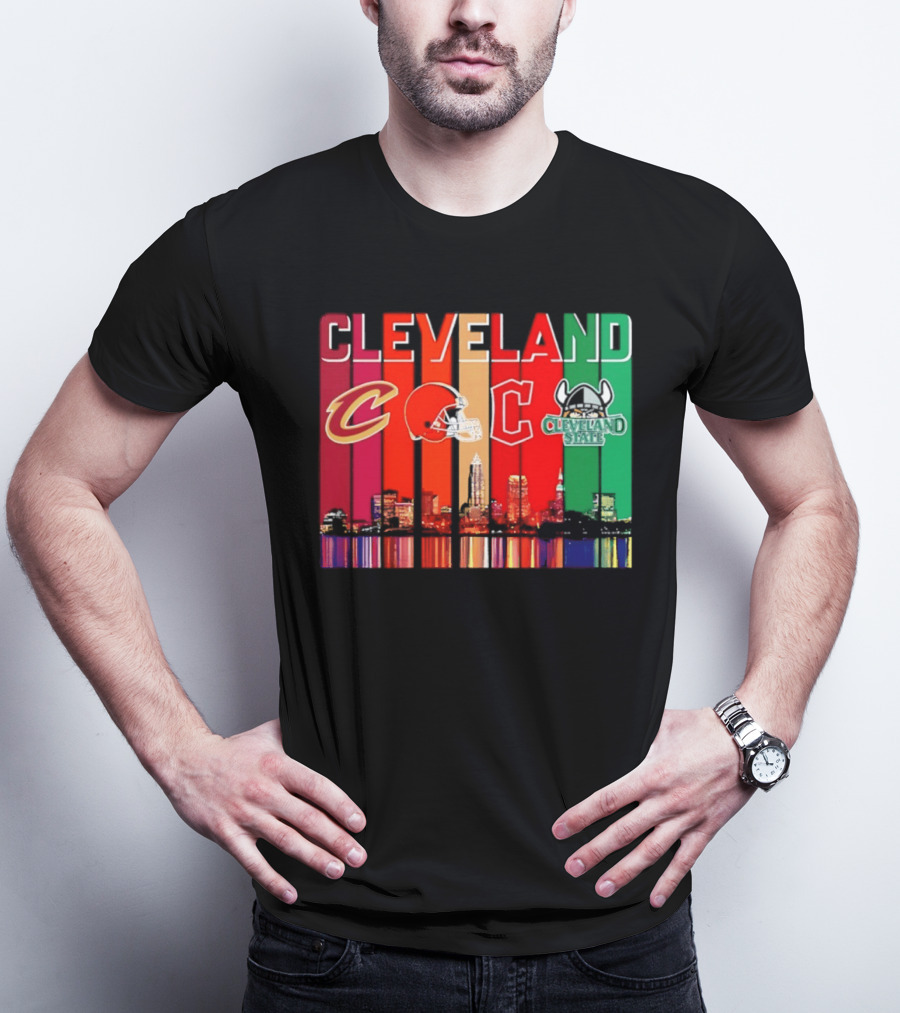 Cleveland Cavaliers Browns Guardians Cleveland State Vikings City Skyline T-Shirt