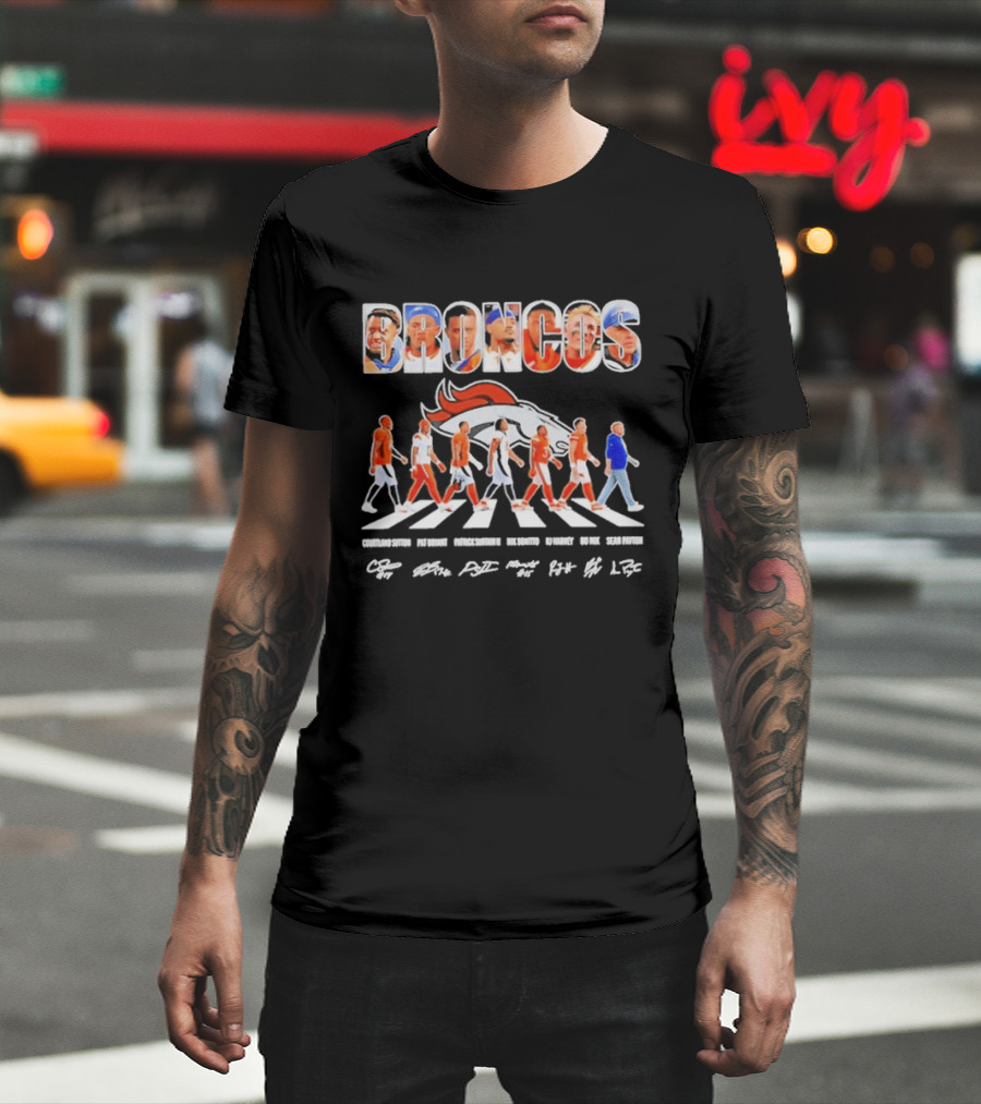 Denver Broncos Abbey Road Sutton Bryant Surtain II Bonitto Harvey Nix Payton Signatures NFL Team T-Shirt