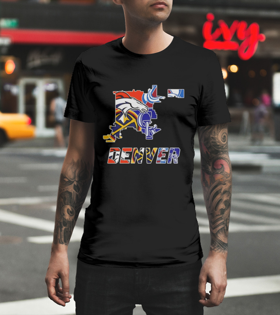 Denver Broncos Nuggets Avalanche Rockies Map Sports Team Logos T-Shirt