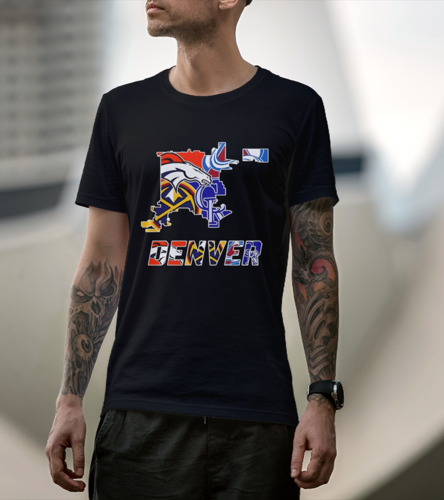 Denver Broncos Nuggets Avalanche Rockies Map Sports Team Logos T-Shirt