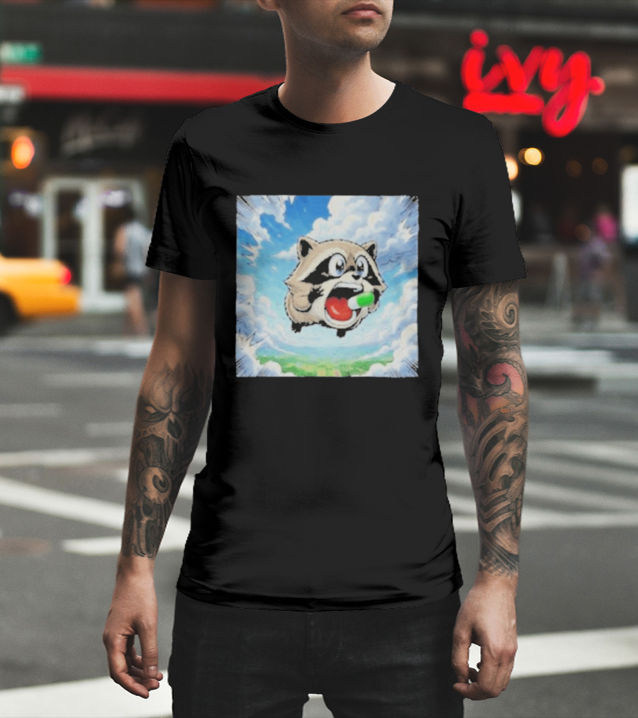 Jimothy Raccoon Cartoon Sky Dive With Colorful Capsule T-Shirt