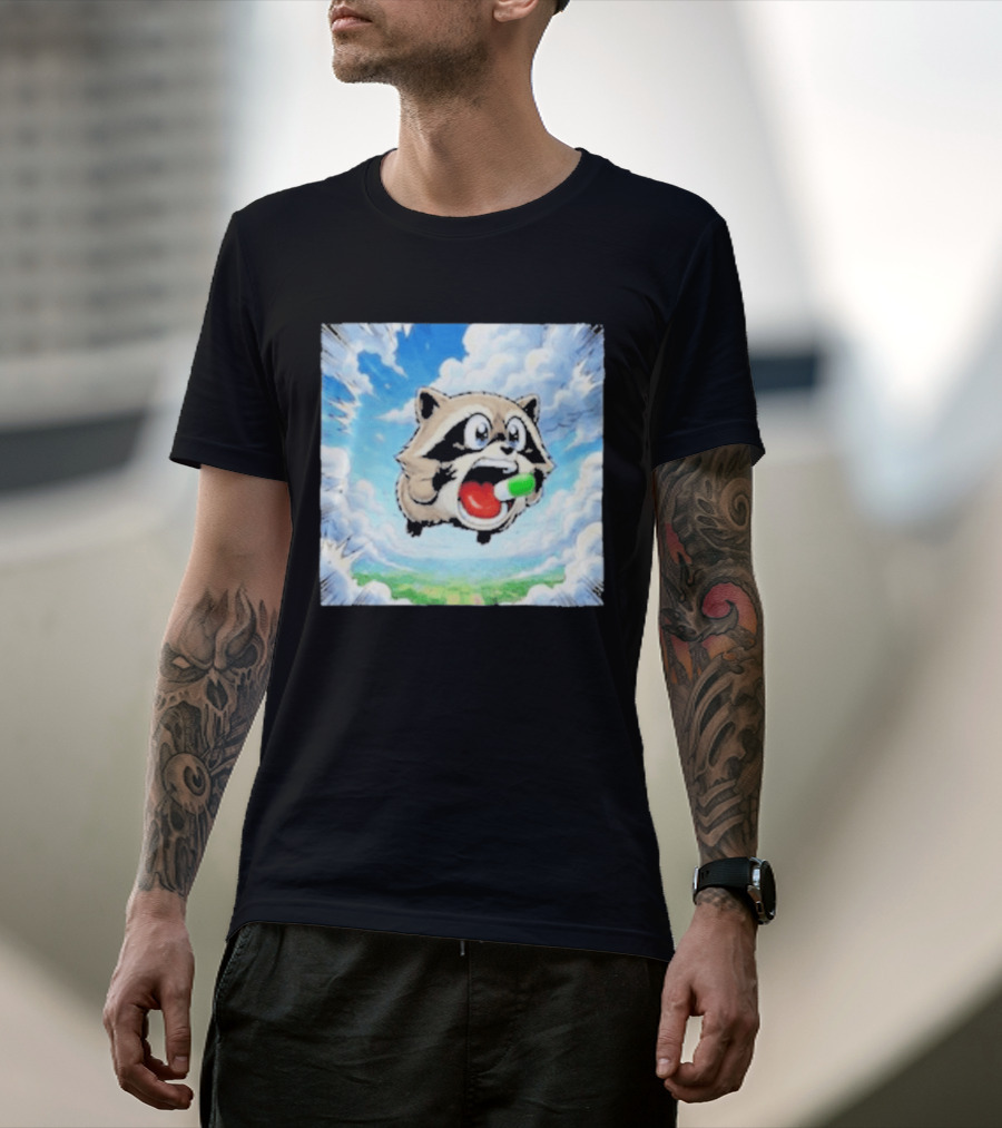 Jimothy Raccoon Cartoon Sky Dive With Colorful Capsule T-Shirt